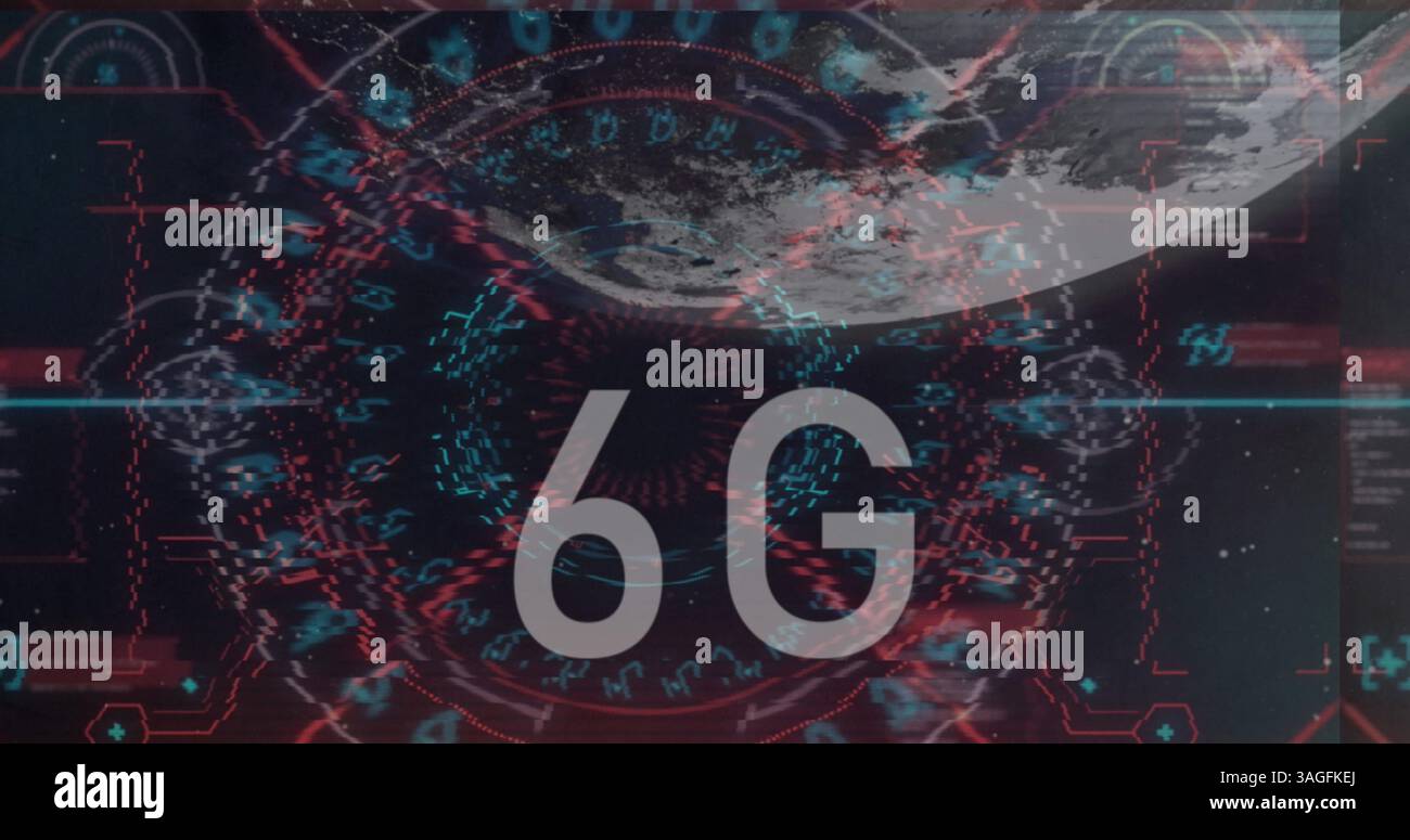 Image of scope scanning and 6g text with globe Stock Photo - Alamy