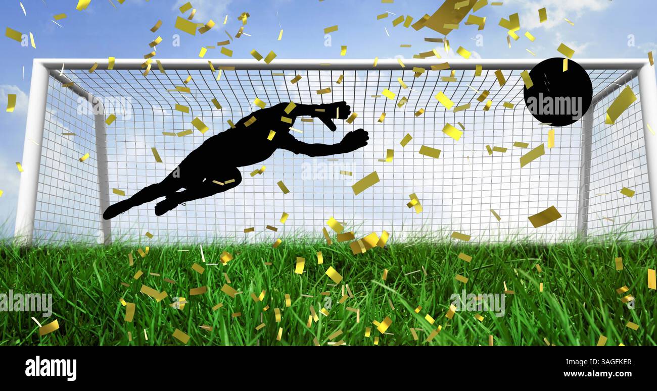 Golden confetti falling over silhouette of goalkeeper making a save on ...