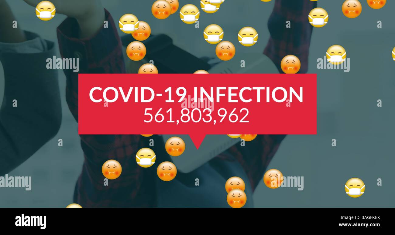 Image of covid 19 data processing over sick emojis with face masks over ...