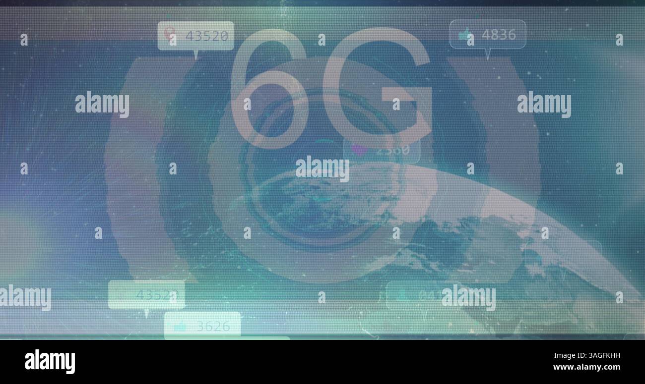 Image of social media icons over 6g text, globe and scope scanning ...
