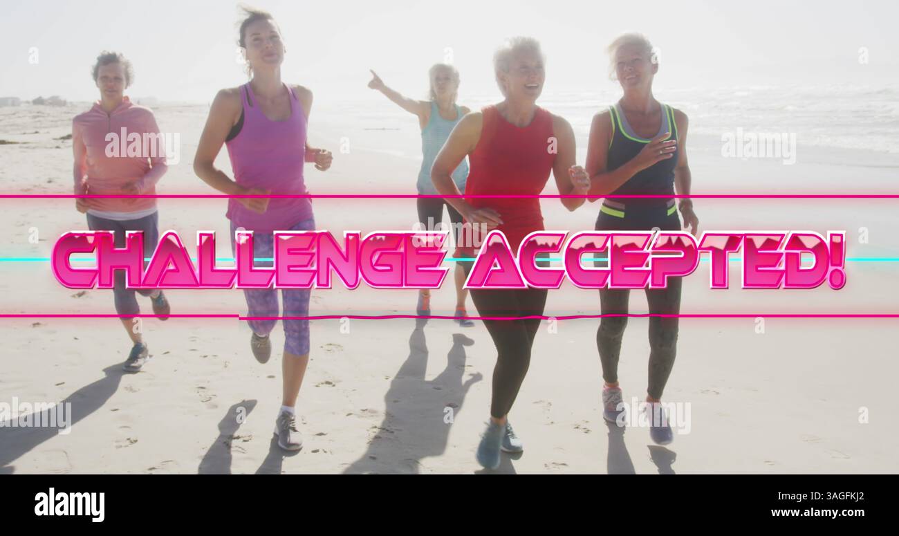 Image of text challenge accepted, in shiny pink, over women running on ...