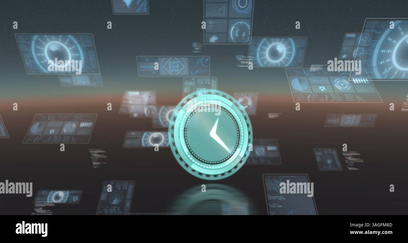 Neon digital clock ticking against multiple round scanners and data ...