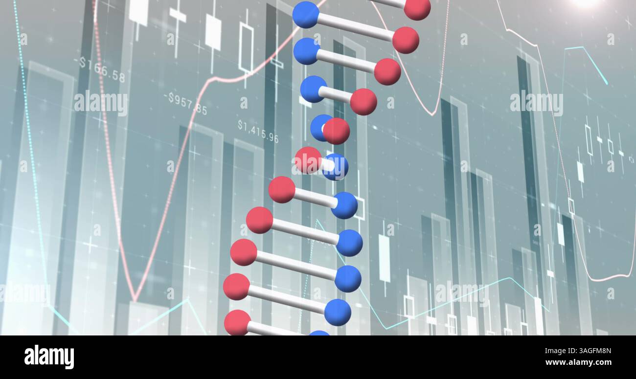 Image of dna strand over statistics Stock Photo - Alamy