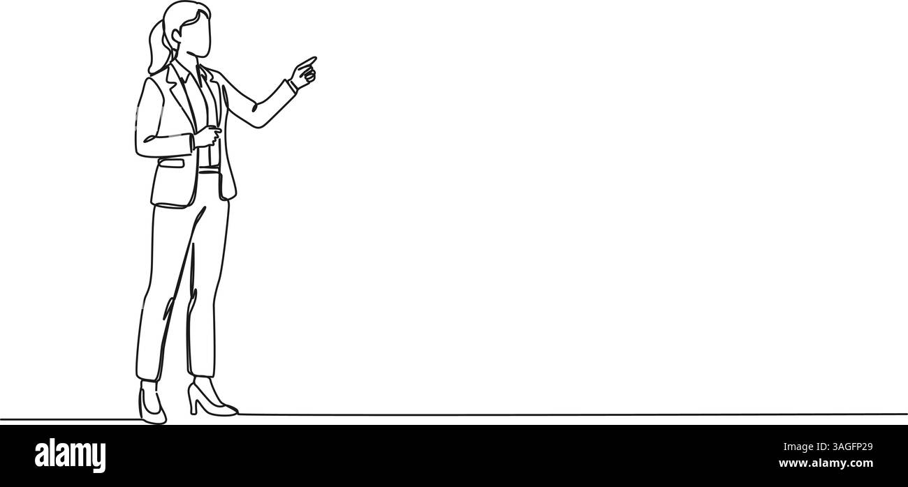 continuous single line drawing of businesswoman pointing with her hand ...