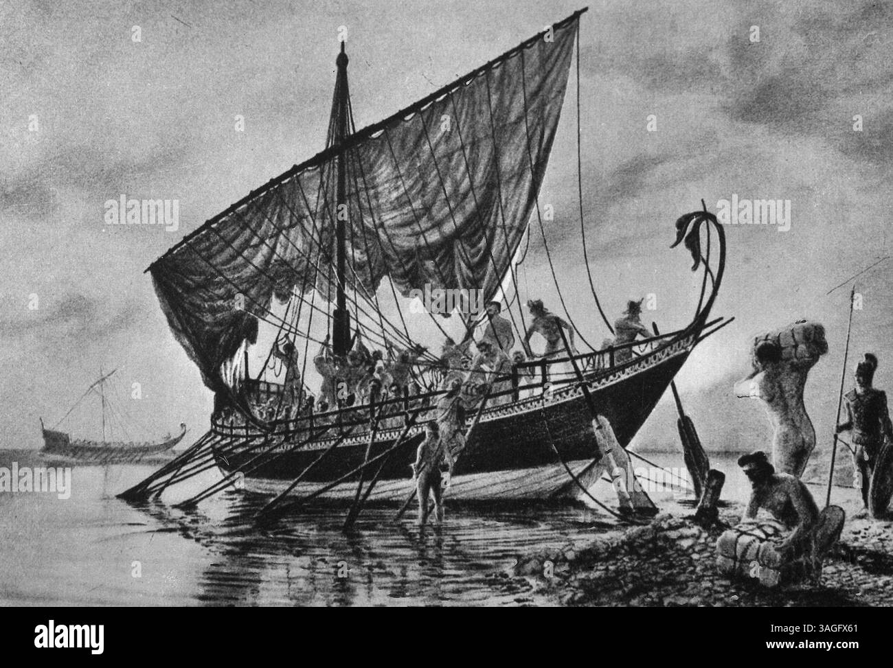 Reconstruction of a Greek ancient ship, illustration 1800s Stock Photo ...