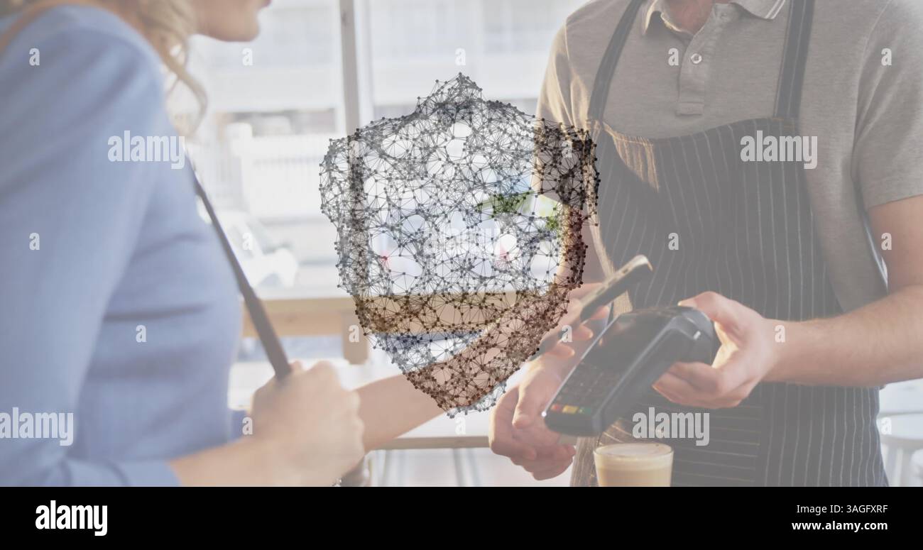 Image of network of connections with security shield over people using ...