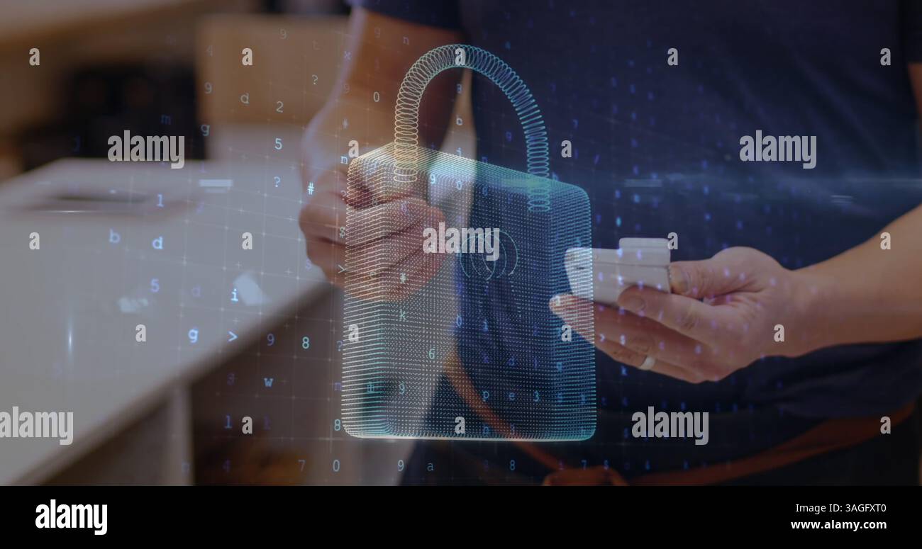 Image of network security padlock over people using payment terminal ...