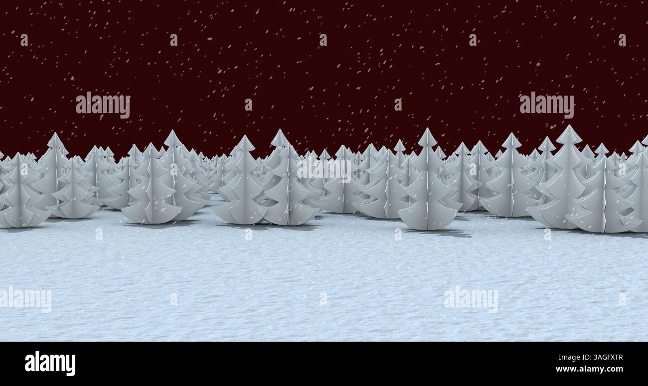 Image of snow falling over white fir trees and winter landscape Stock ...