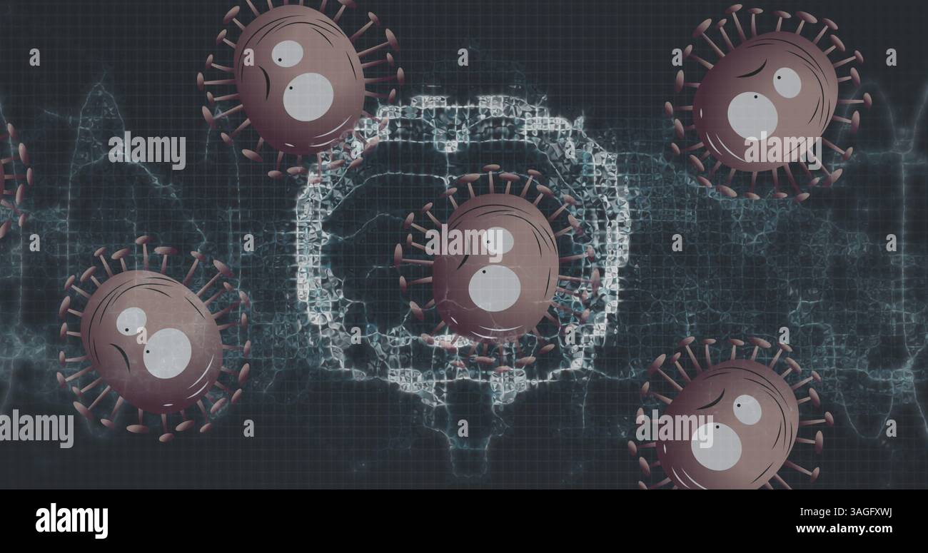 Image of covid 19 cells and emojis with human brain spinning Stock ...