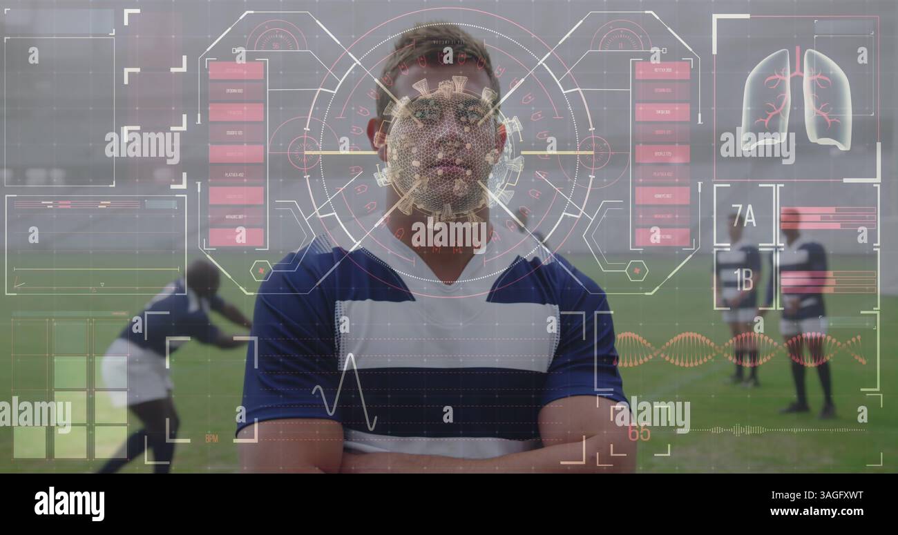 Athlete in rugby jersey standing confidently with digital health data ...