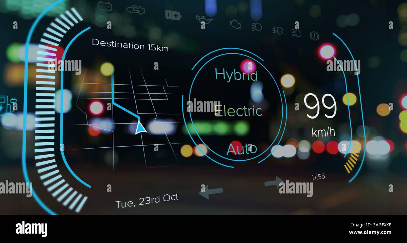 Image of interface with charging battery icon and speedometer over road Stock Photo - Alamy
