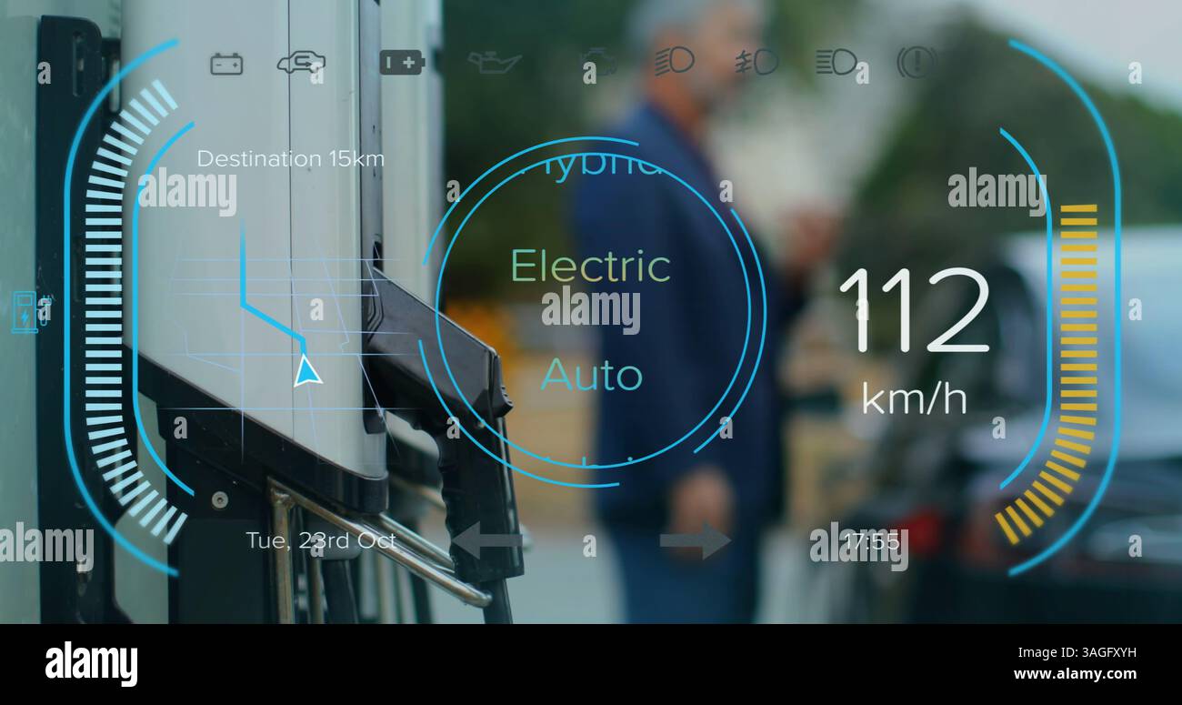 Image of interface with charging battery icon and speedometer over petrol station Stock Photo ...