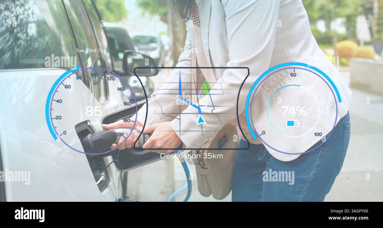 Image of interface with charging battery icon and speedometer over woman fueling car Stock Photo ...