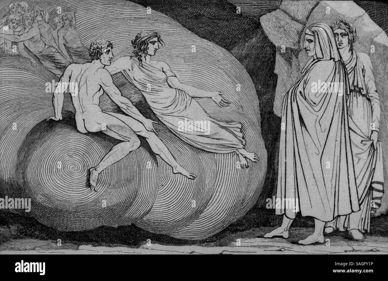 Paolo and Francesca flying together, illustration from the Dante's ...