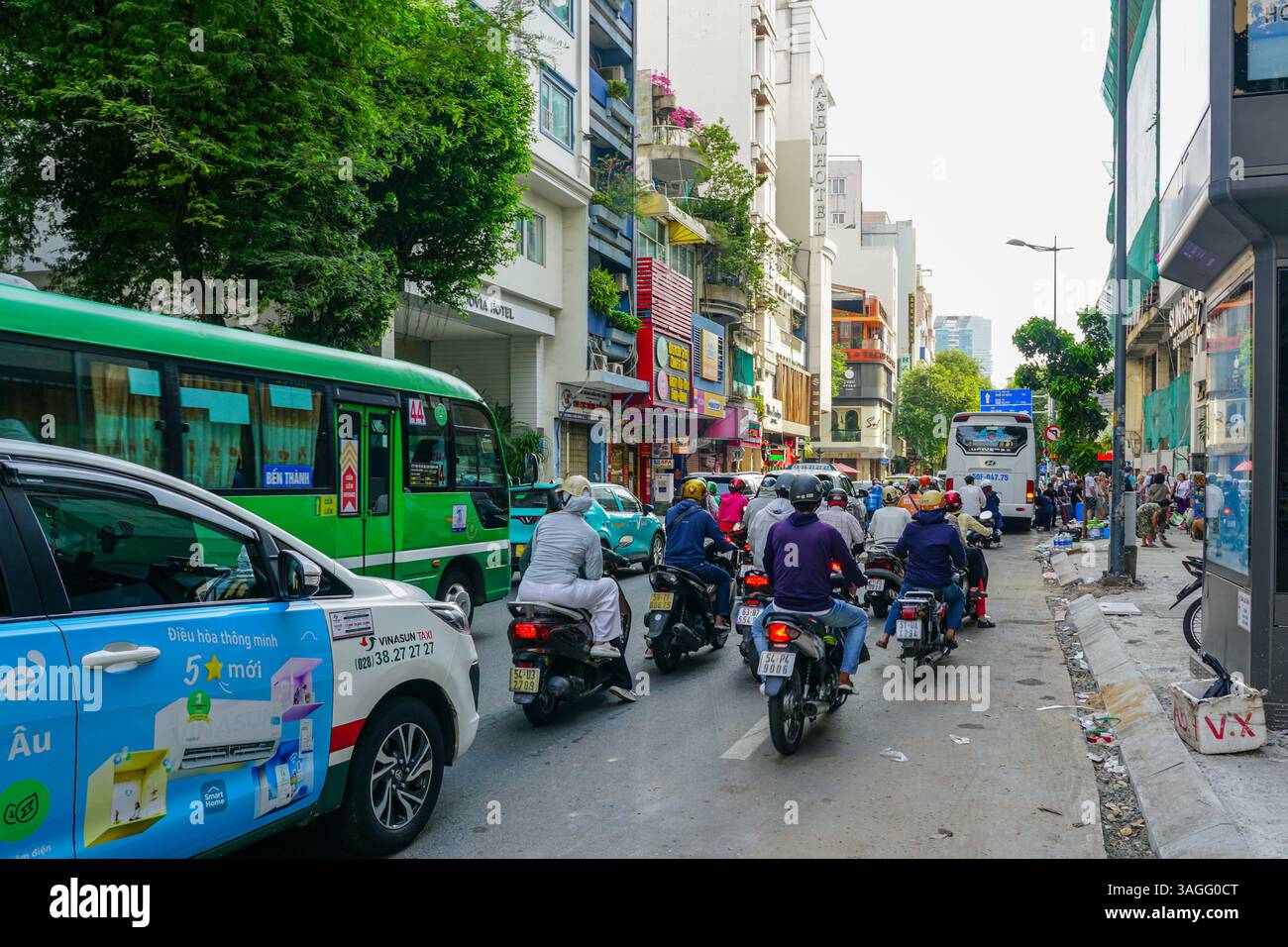 Ho Chi Minh City, Vietnam- March 25, 2025: heavy one-way traffic in the ...