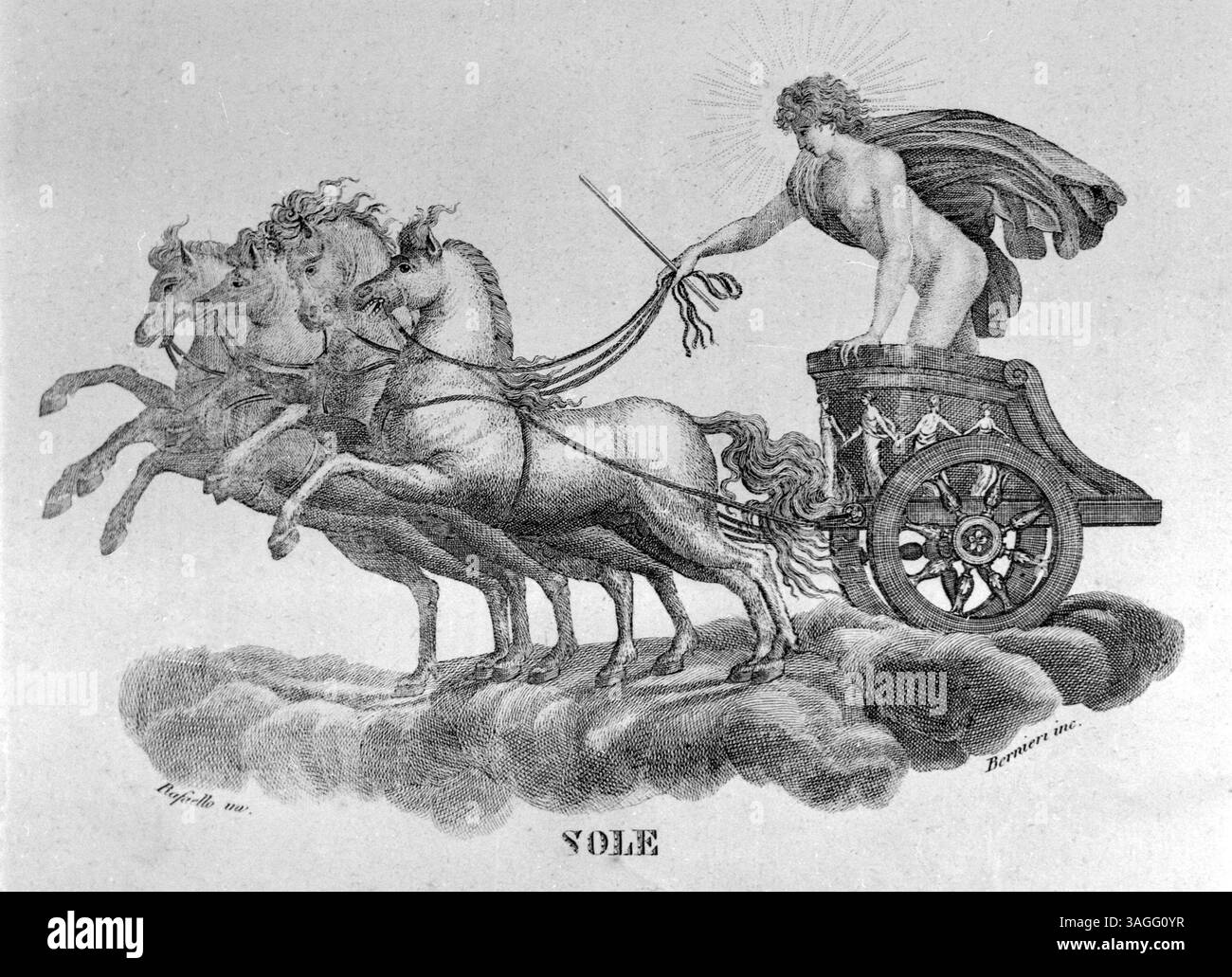 Sol, Roman god of sun, on his chariot, illustration, Italy 1700s Stock ...