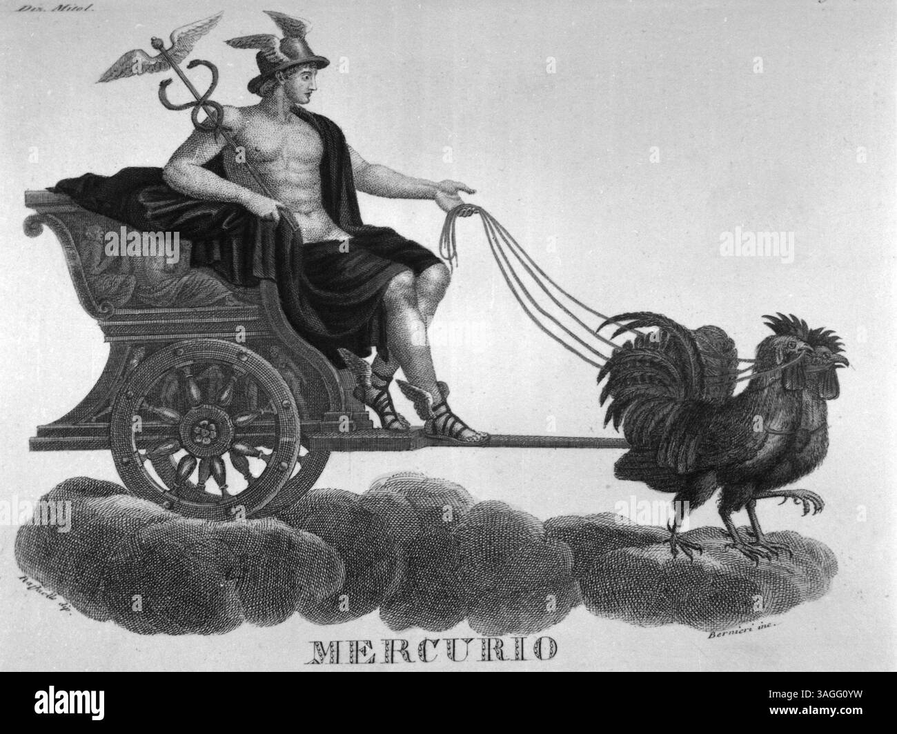 Hermes, herald of the gods, in his chariot, illustration, Italy 1700s ...