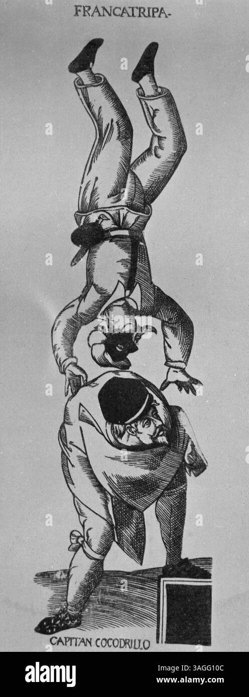 Italian masks Captain Crocodile and Francatrippa, illustration 1800s ...