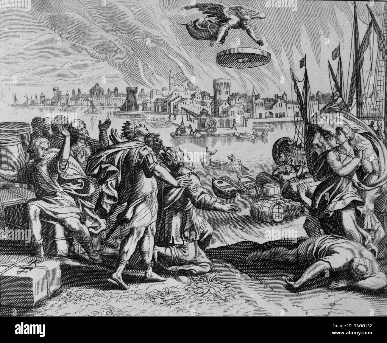 An angel throws a mill-stone into the sea, engraving from the Book of ...