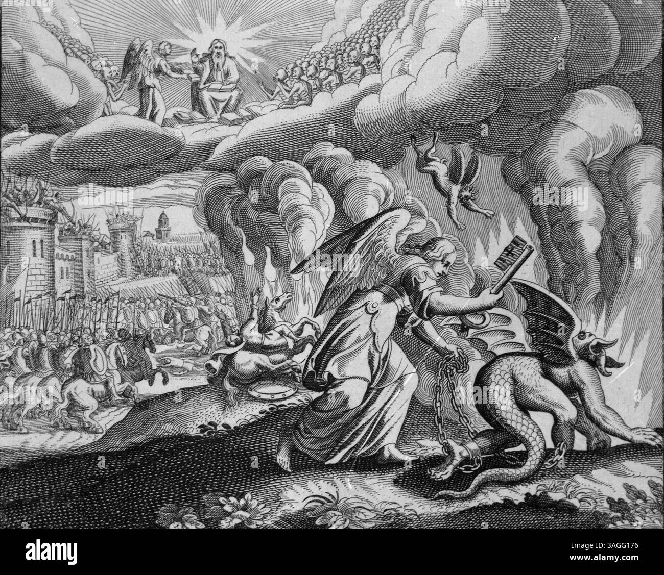 Satan bound for a thousand years, engraving from the Book of Apocalypse ...