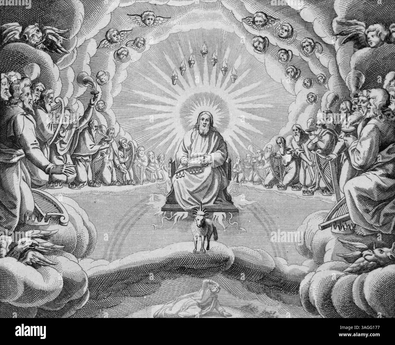God enthroned in Heaven, engraving from the Book of Apocalypse of the ...