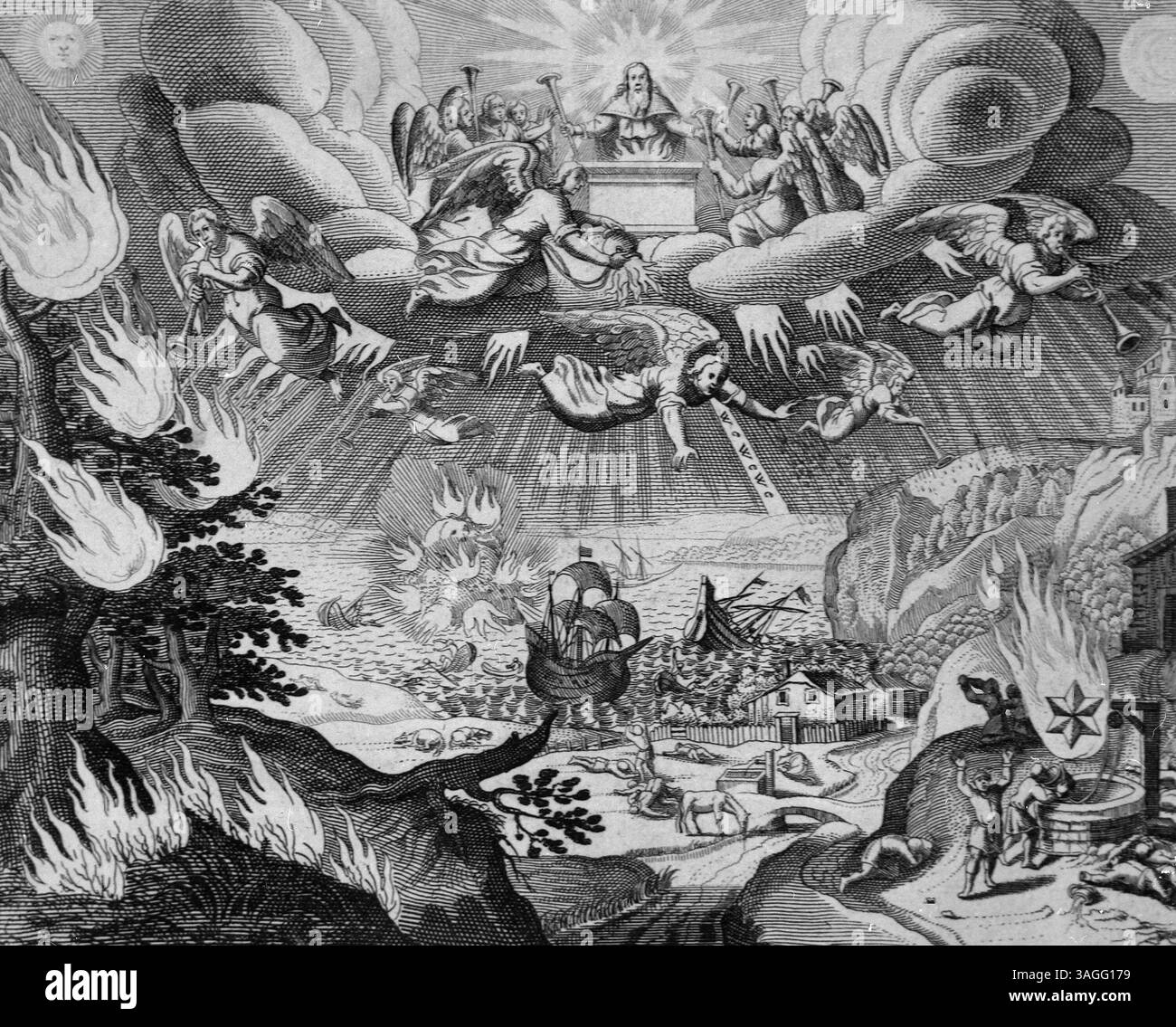The sounding of the first Four of the Seven angels trumpets, engraving ...