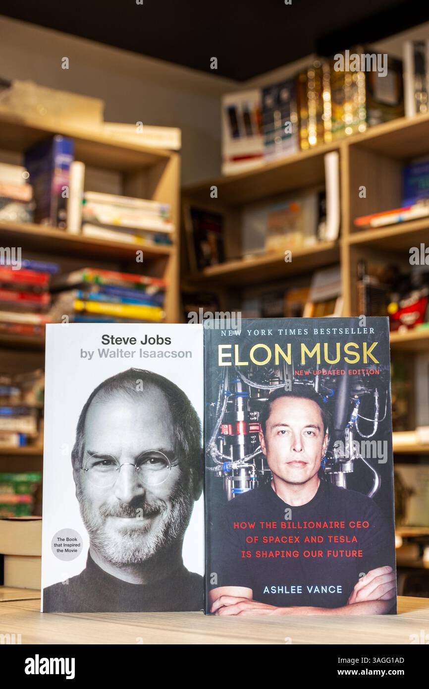 Close-up of Walter Isaacson's Steve Jobs book and Ashlee Vance's Elon ...