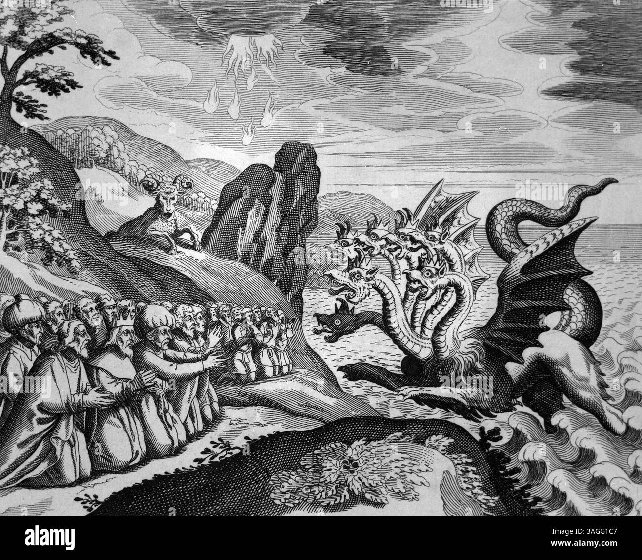 Seven-headed dragon coming out of the sea, engraving from the Book of ...