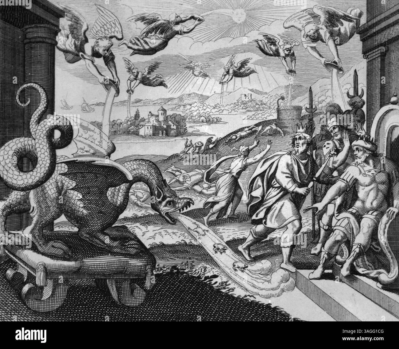 The dragon and the seven torment, engraving from the Book of Apocalypse ...