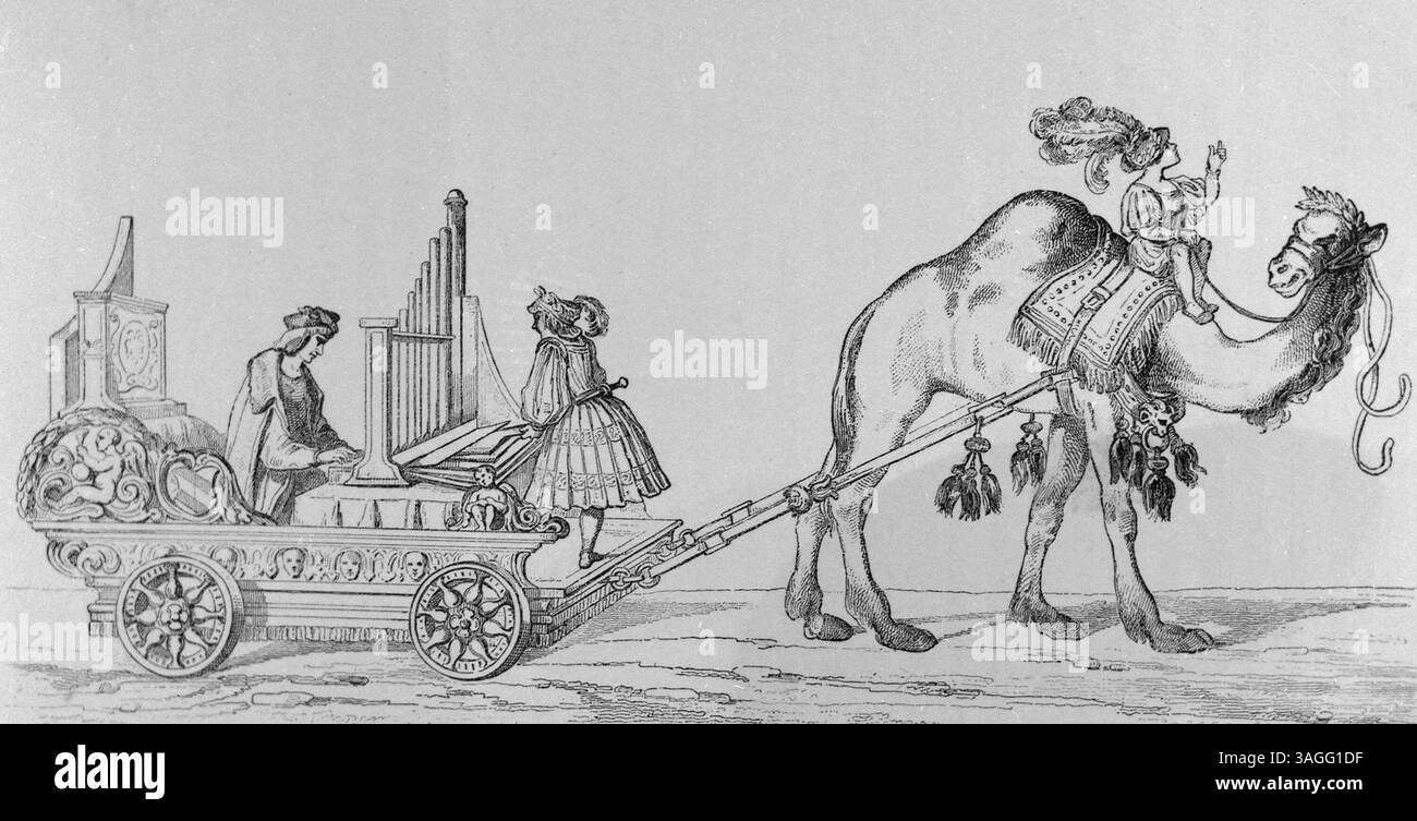 Organist Paul Hoffaner in a chariot drawn by a camel, illustration ...