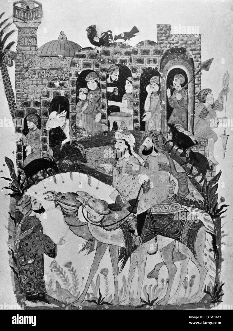 Discussion of al-Hariri al-Basri near the village, miniature by Arab ...
