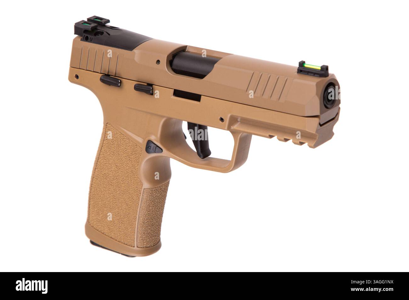 A tan .22 LR caliber pistol with a textured grip, tactical rail, and ...