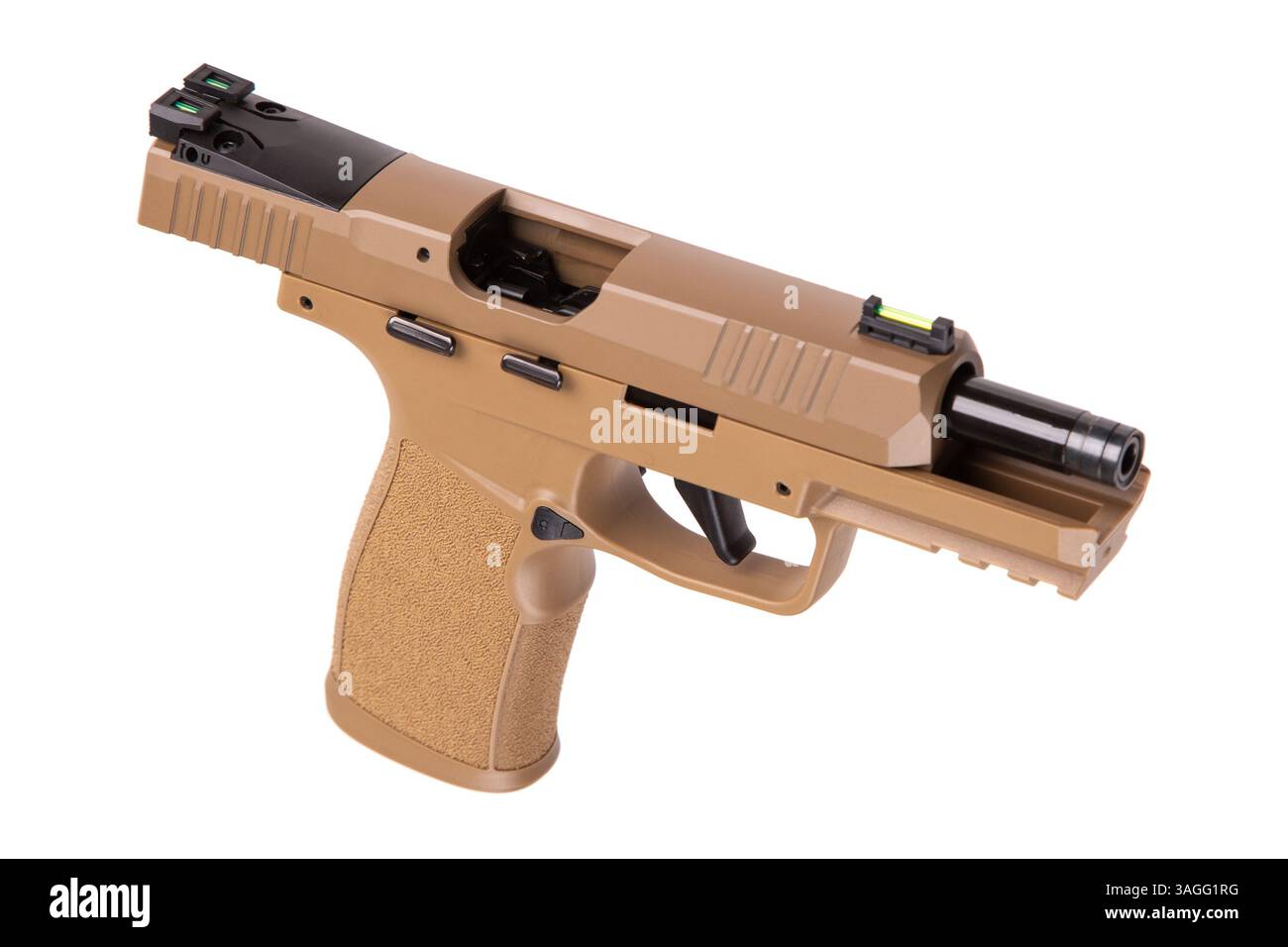 A tan .22 LR caliber pistol with a textured grip, tactical rail, and ...