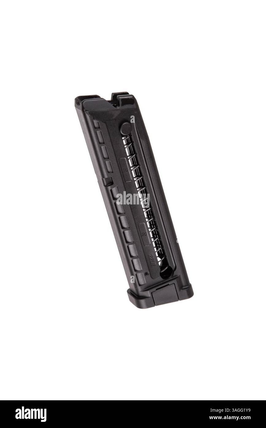 A black .22 LR caliber pistol magazine, featuring a visible spring ...