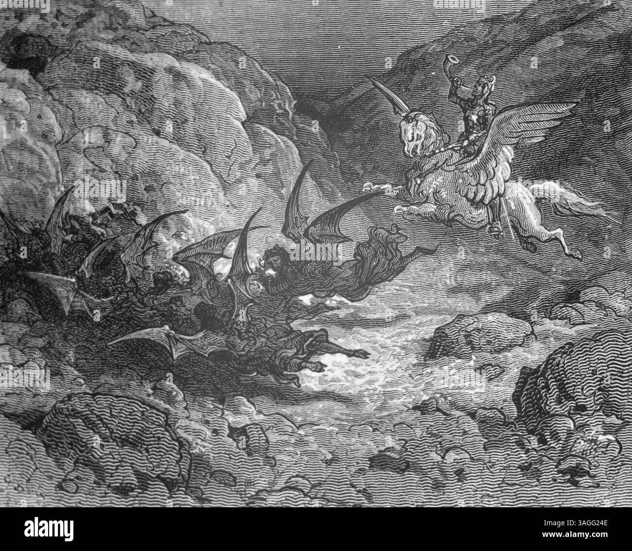 Medieval knight chasing demons away, illustration for Orlando Furioso ...