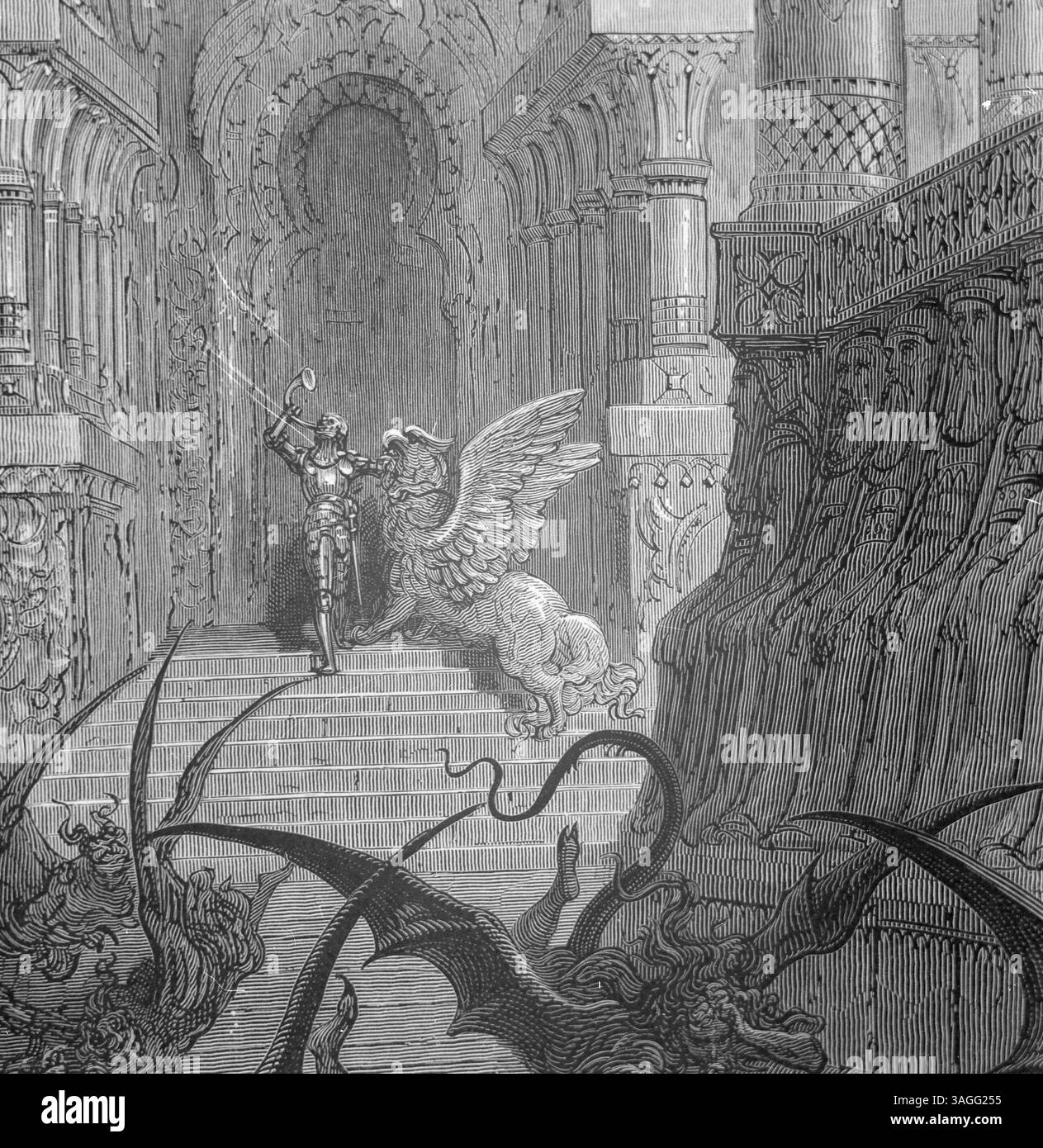 Medieval knight Astolfo drives away the Harpies with his horn ...