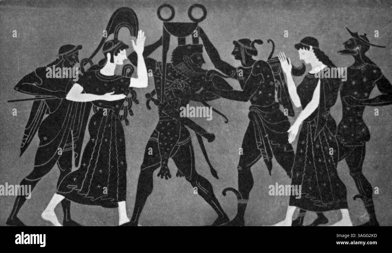 The abduction of the tripod, painting on ancient Greek hydria Stock ...