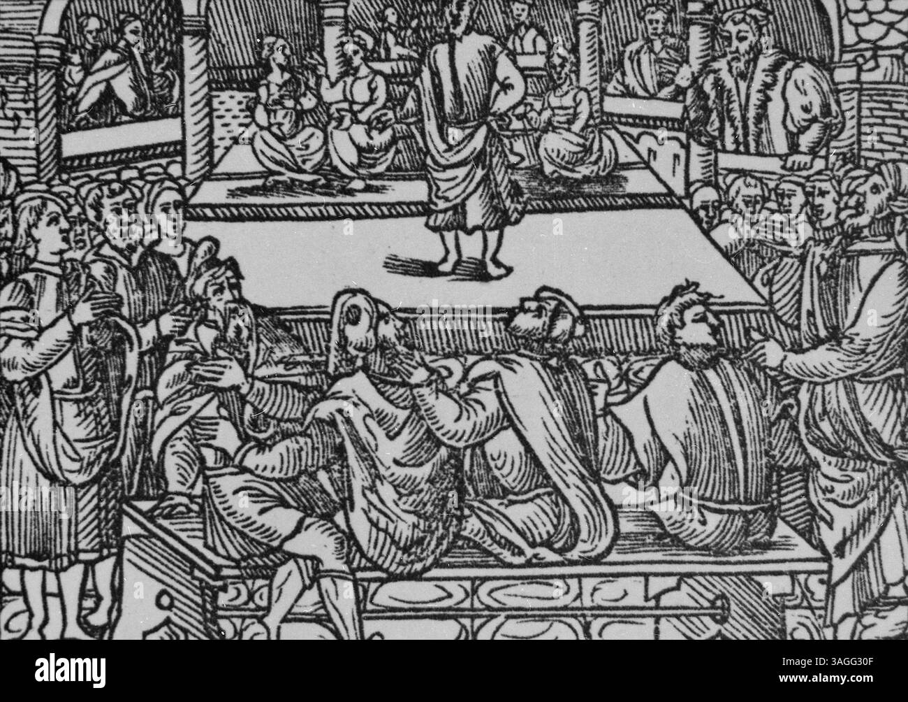 Middle Ages theatre, engraving by French artist Terence de Jean ...