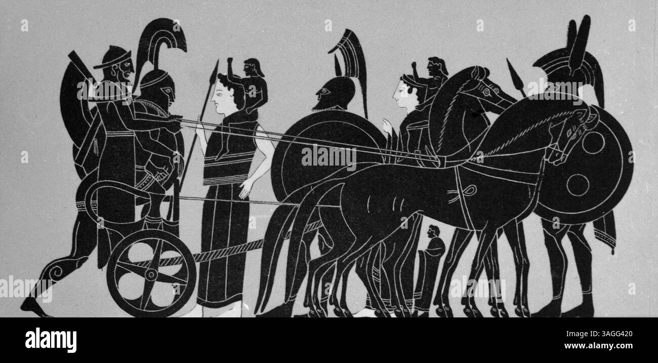 Ancient Greek decoration with people, warriors and horses, illustration ...