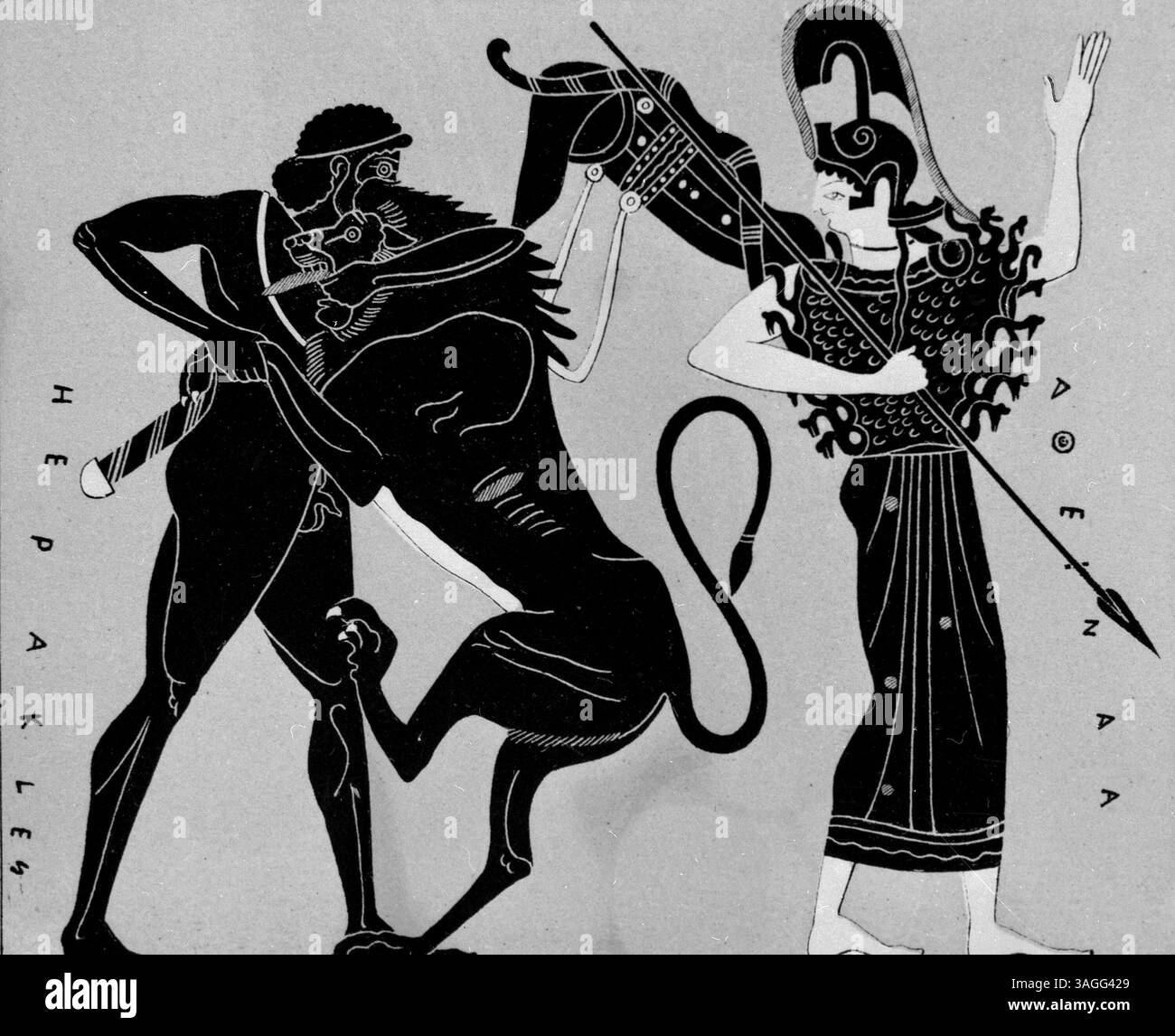Hercules with the lion and Athena, ancient Greek decoration Stock Photo ...