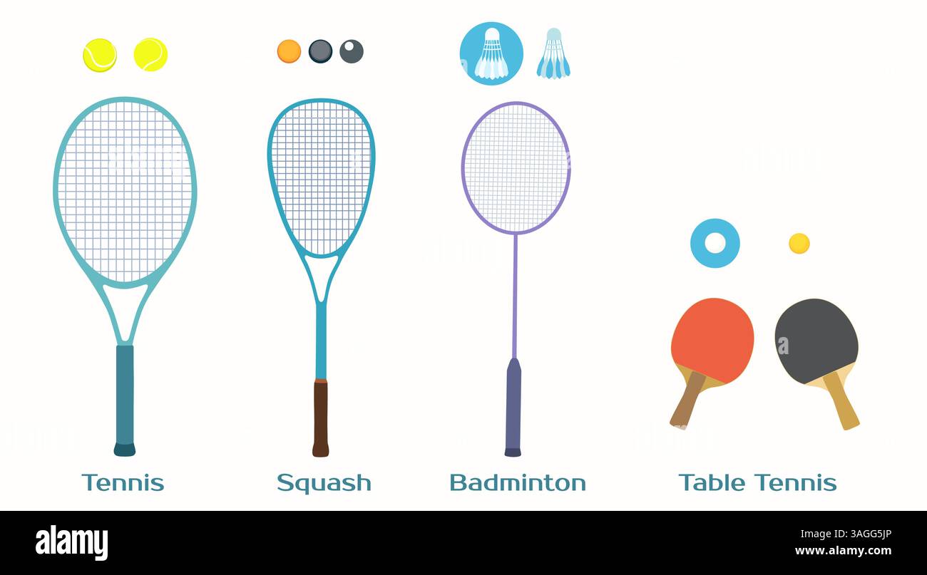 Four types of sports rackets - tennis, squash, badminton, and table ...
