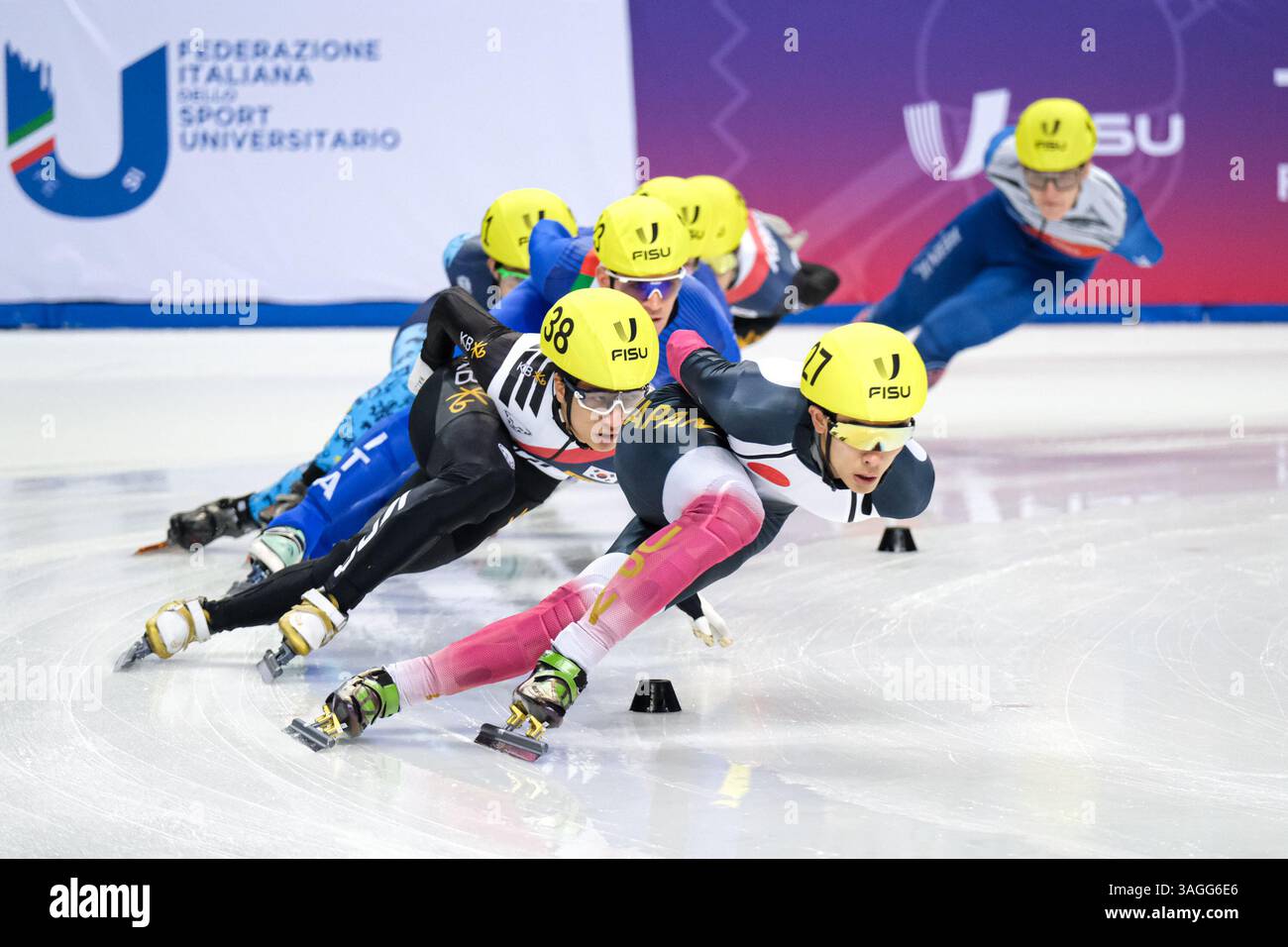Taesung Kim of Korea (L) and Mikihiro Inoue of Japan (R) during the Short Track Speed Skating ...