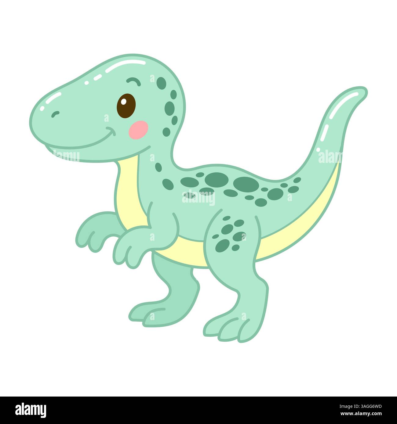 Cute baby T-Rex dinosaur illustration in soft green color and round ...