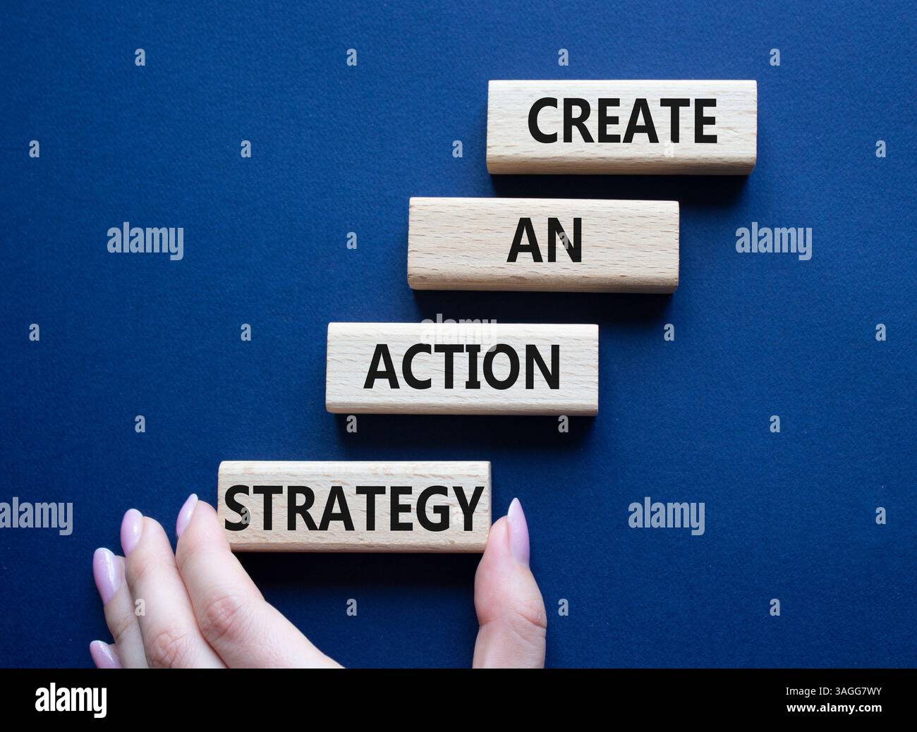 Create an action Strategy symbol. Wooden blocks with words Create an ...