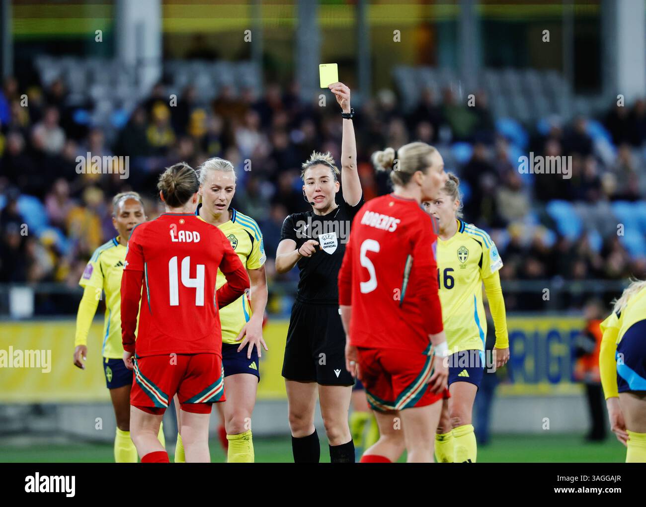 Wales Rhiannon Roberts is shown a yellow card during Tuesday's Nations ...
