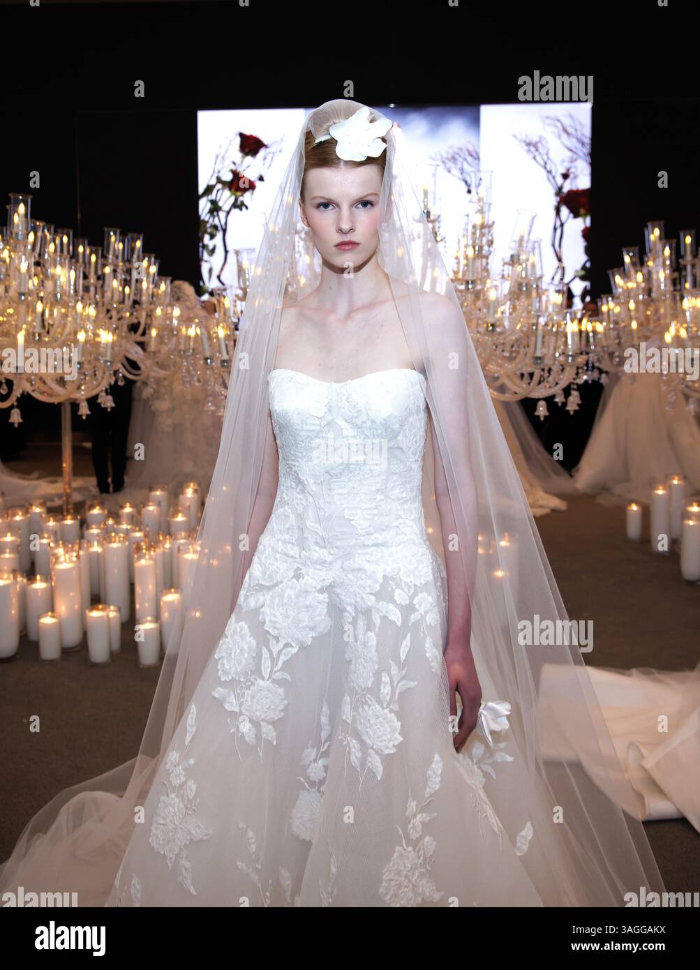 April 7, 2025, New York, Ny, United States: Model poses at Reem Acra ...