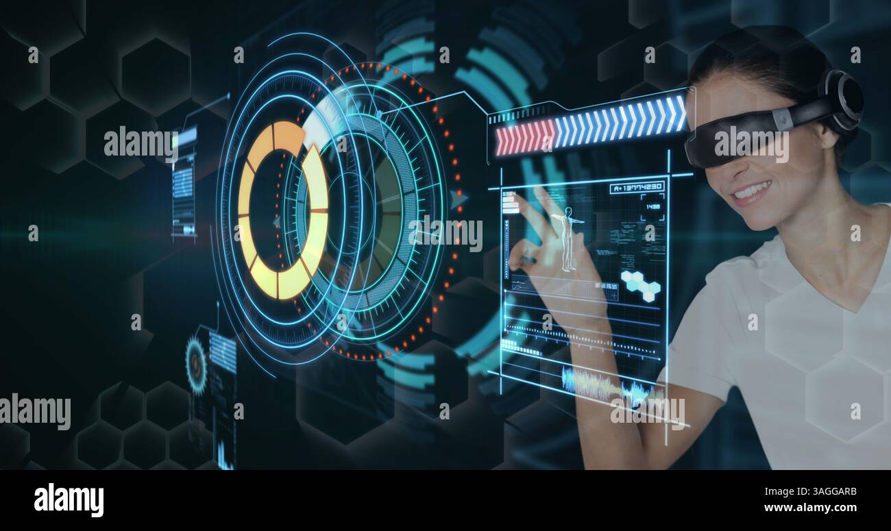 Using virtual reality headset, woman interacting with futuristic digital interface image Stock ...