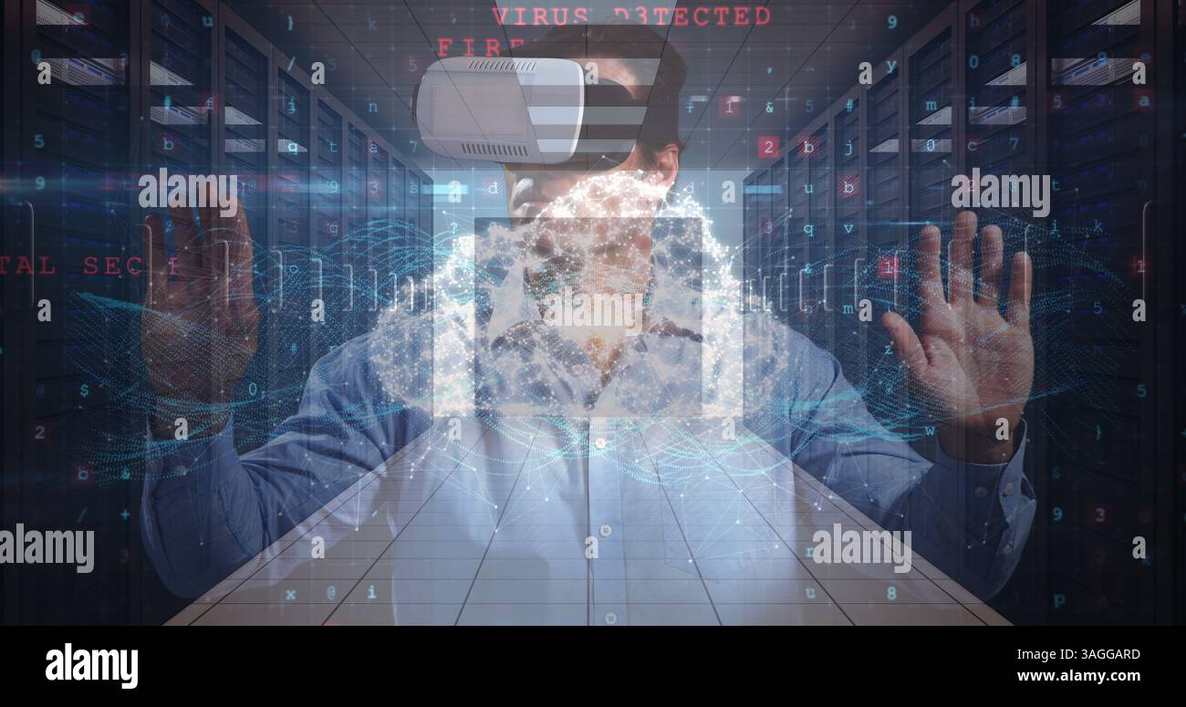 Digital composite of businessman using VR in Server Room against ...
