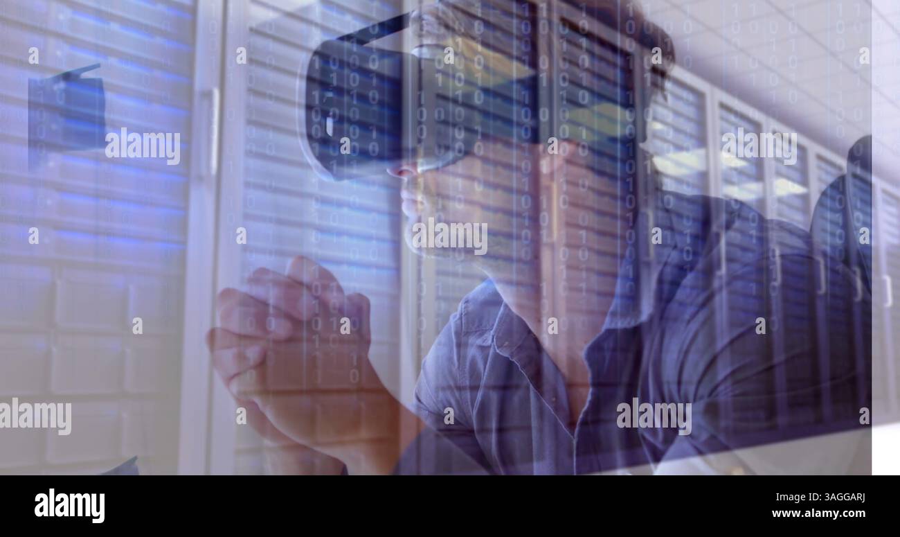 Digital composite of businessman using VR while sitting and looking ...