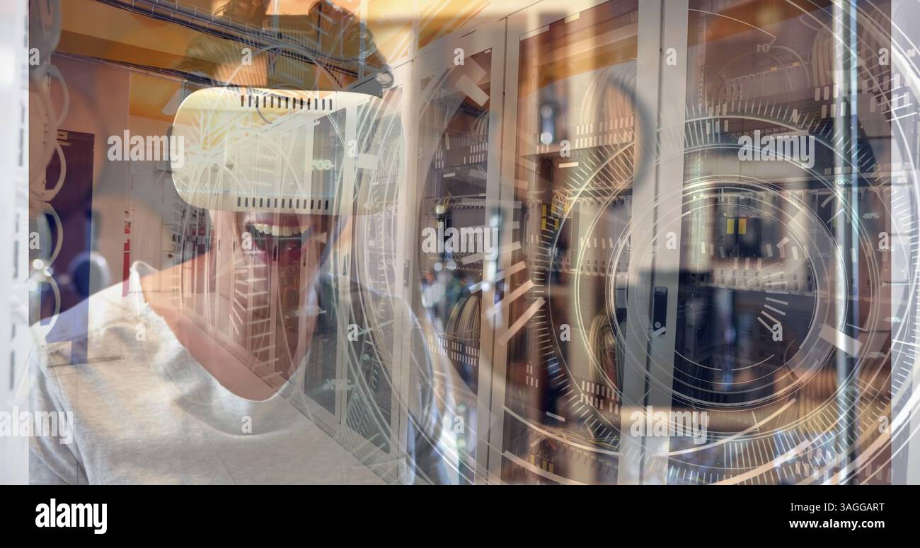 Hands interacting with futuristic digital interface over server room ...